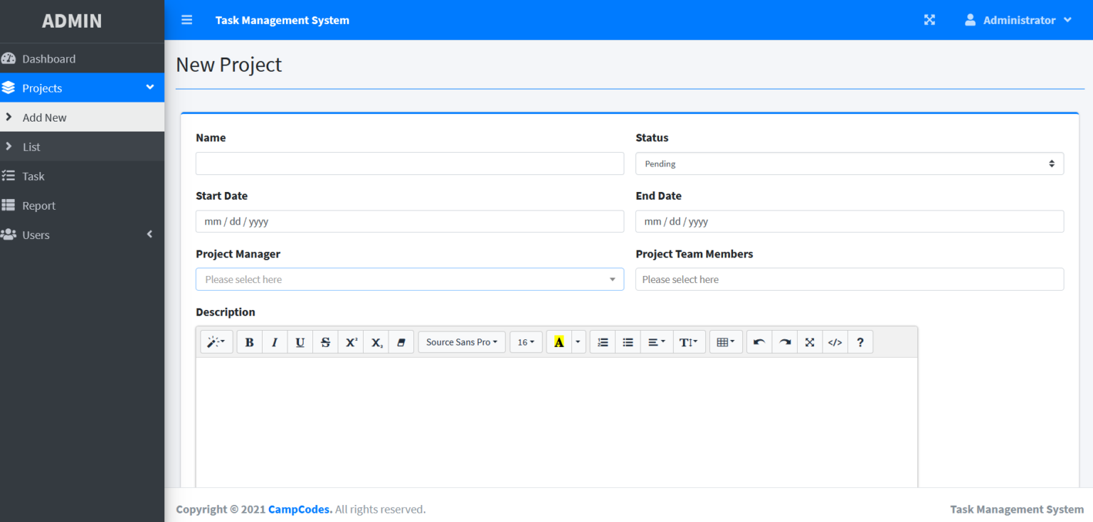 Complete Task Management System In PHP MySQL Free Source Code | Campcodes